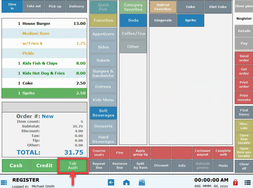 Accept Payment from the Register Screen - Prior Releases - Exatouch Knowledge Base